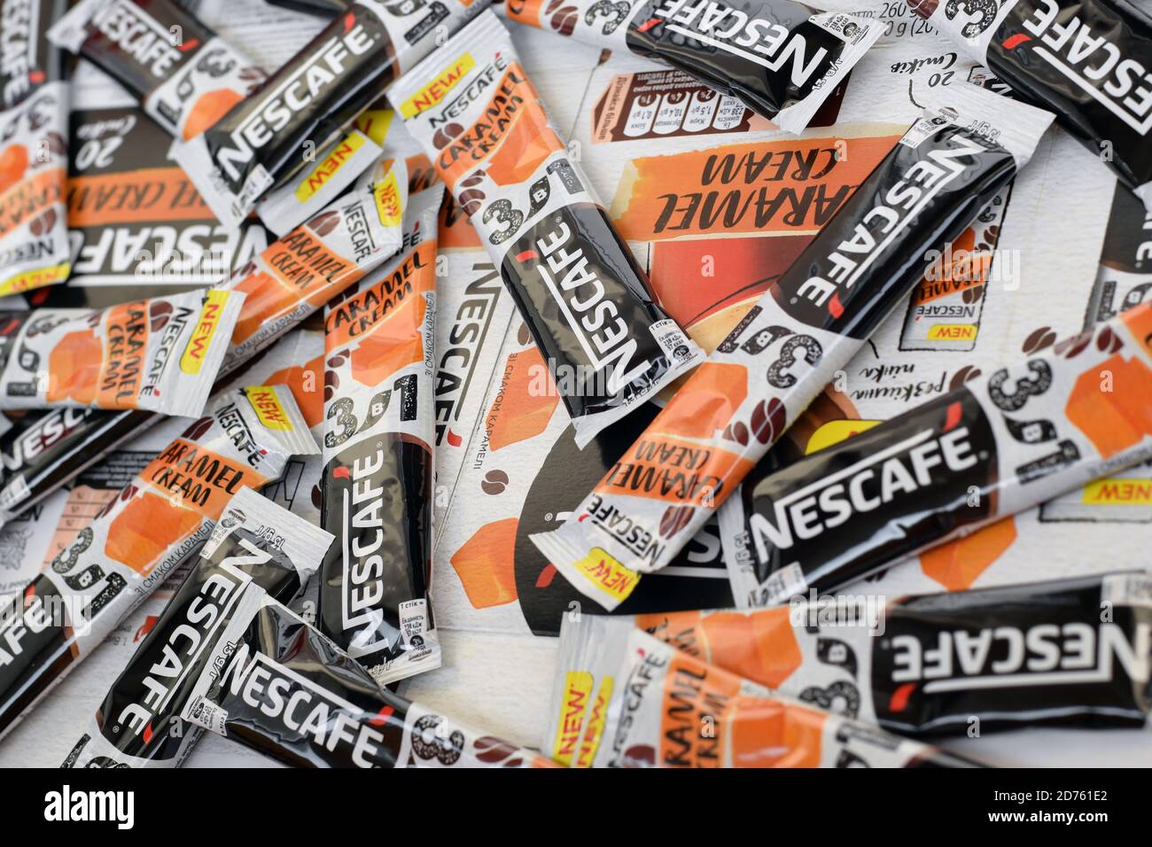 KHARKOV, UKRAINE - MARCH 21, 2020: Many Nescafe caramel cream coffee ...