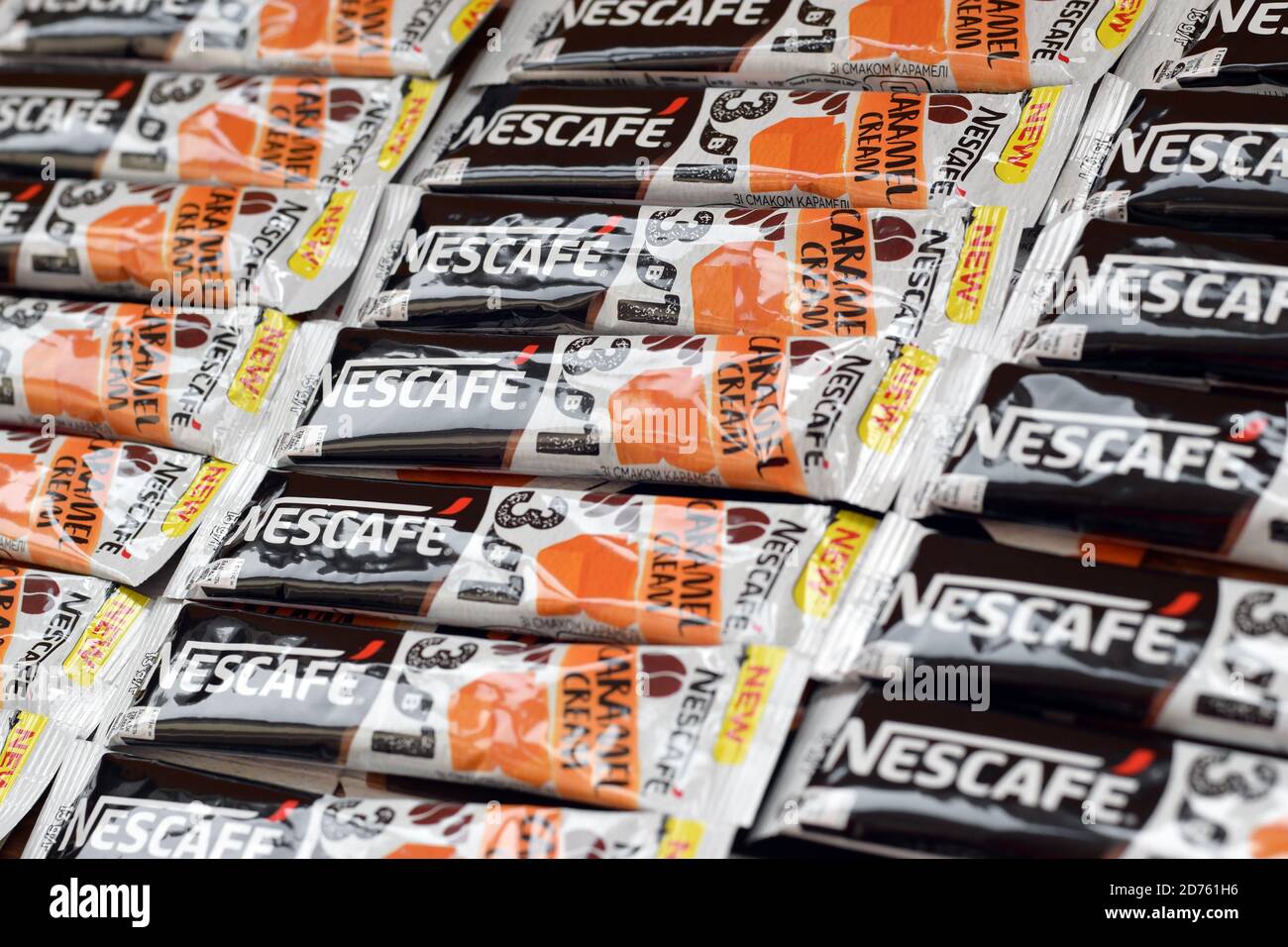 KHARKOV, UKRAINE - MARCH 21, 2020: Many Nescafe caramel cream coffee ...