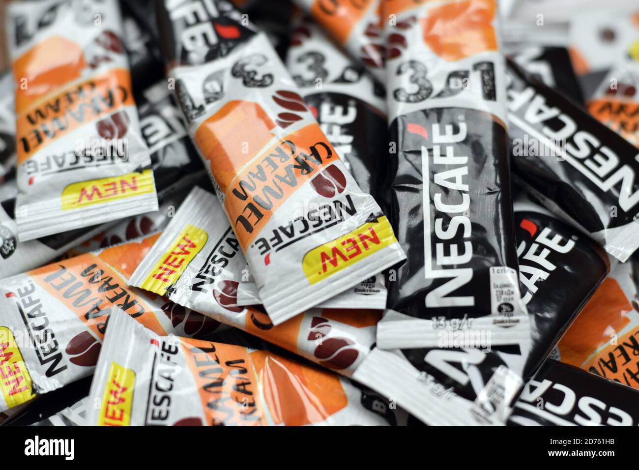 KHARKOV, UKRAINE - MARCH 21, 2020: Many Nescafe caramel cream coffee ...