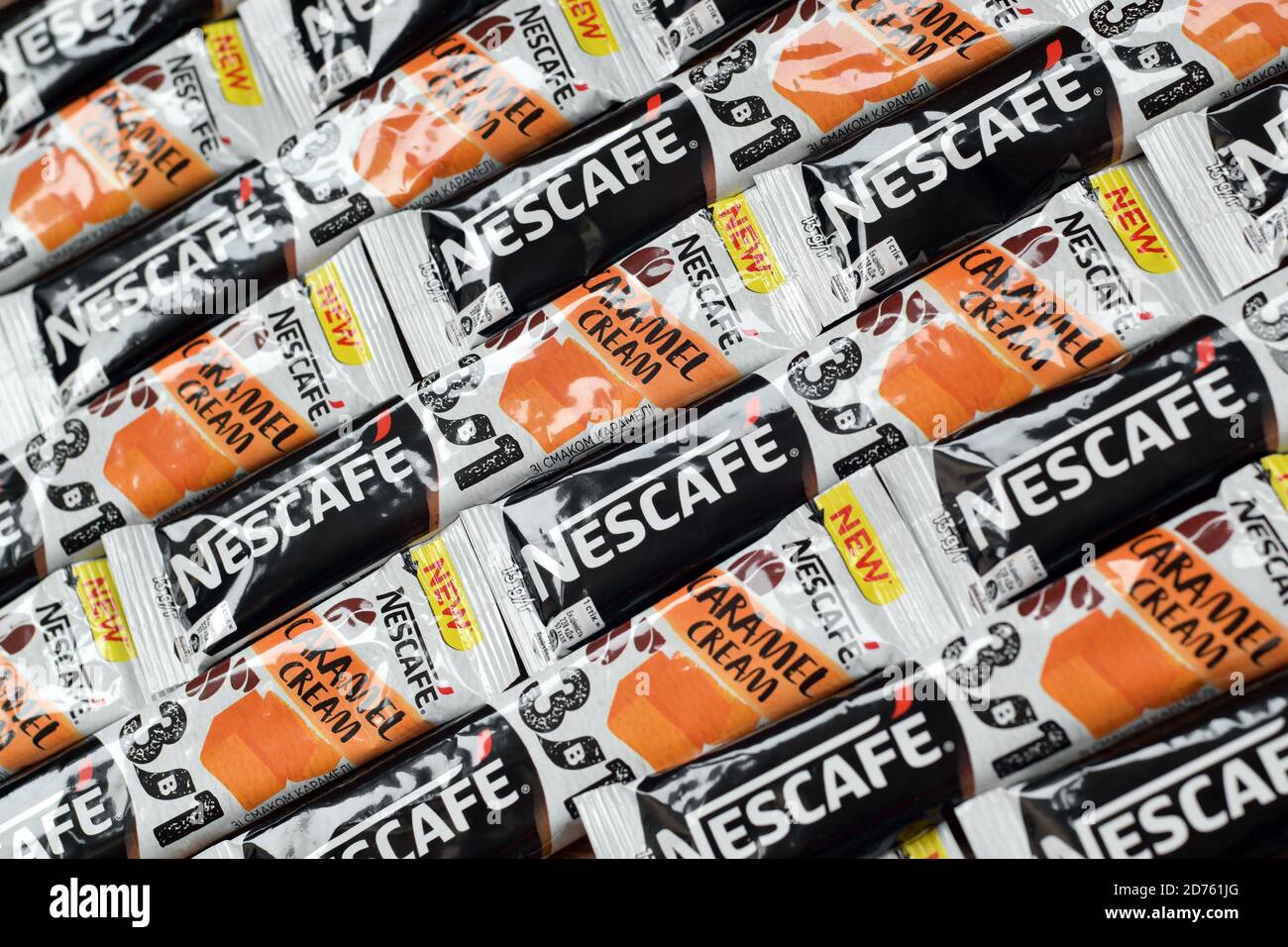 KHARKOV, UKRAINE - MARCH 21, 2020: Many Nescafe caramel cream coffee ...