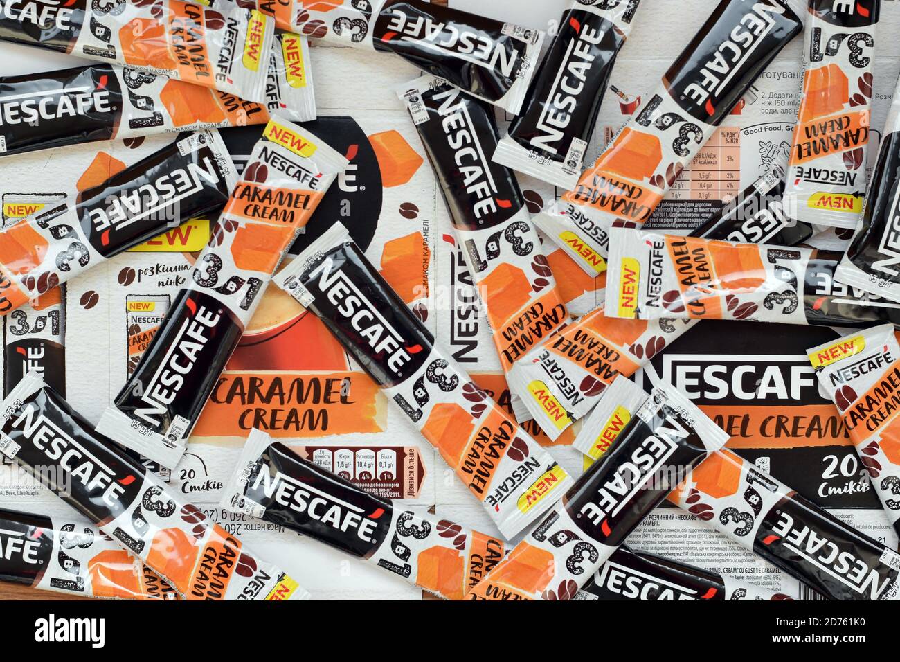 KHARKOV, UKRAINE - MARCH 21, 2020: Many Nescafe caramel cream coffee ...