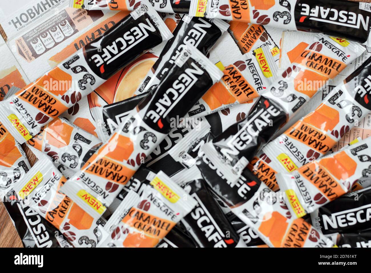 KHARKOV, UKRAINE - MARCH 21, 2020: Many Nescafe caramel cream coffee ...