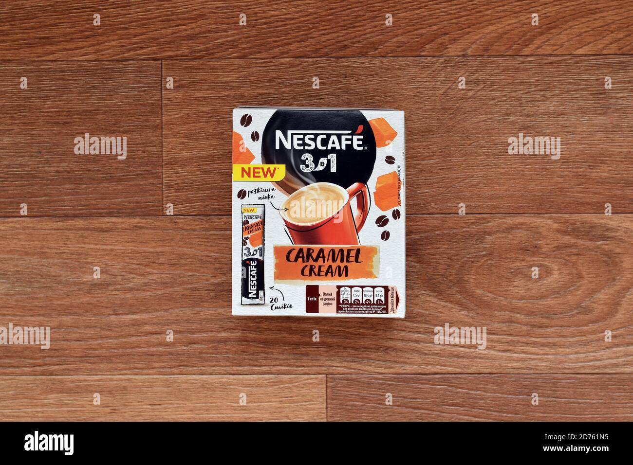 KHARKOV, UKRAINE - MARCH 21, 2020: Nescafe caramel cream coffee sticks ...