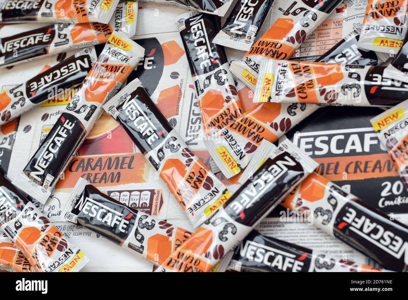 KHARKOV, UKRAINE - MARCH 21, 2020: Many Nescafe caramel cream coffee ...