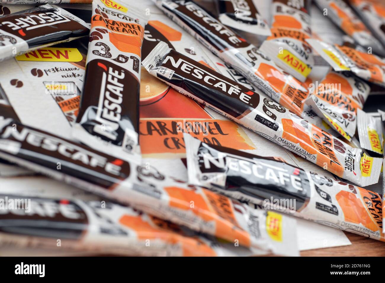 KHARKOV, UKRAINE - MARCH 21, 2020: Many Nescafe caramel cream coffee ...