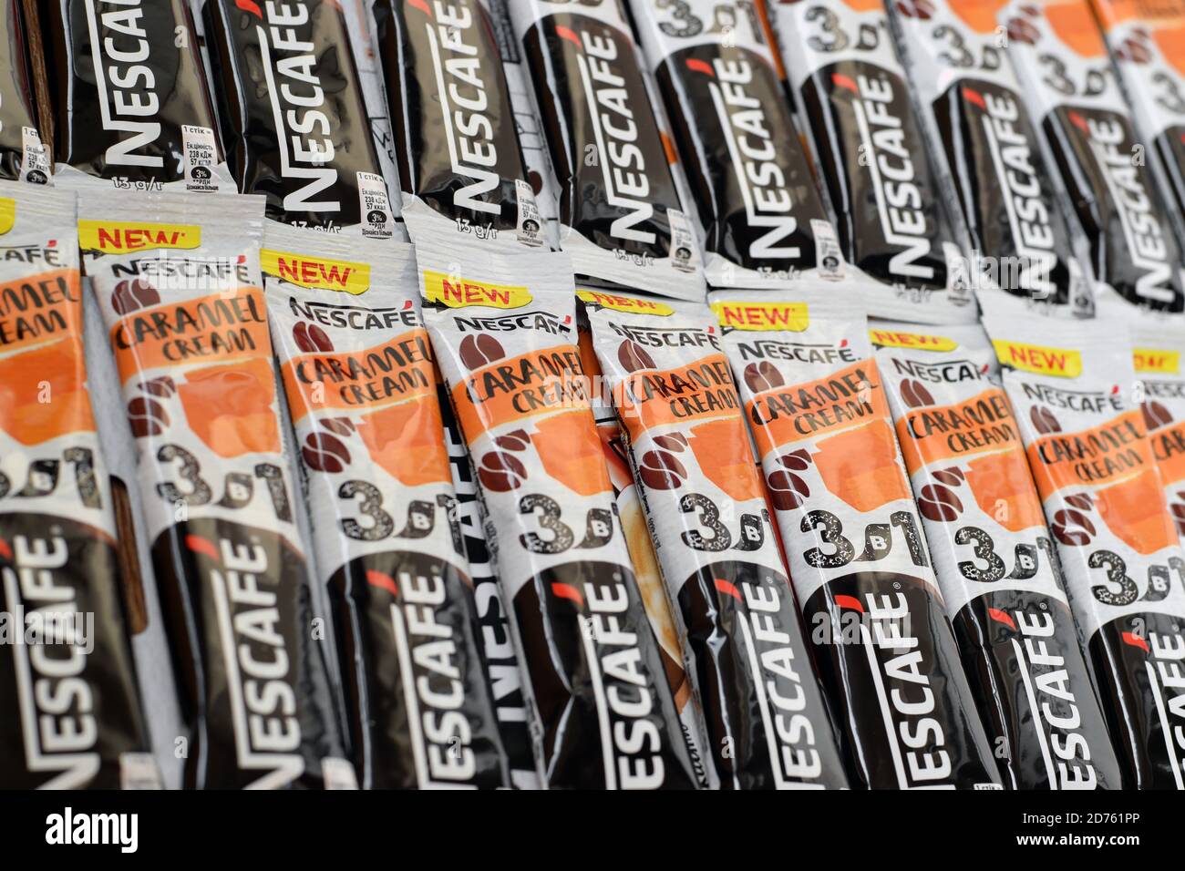 KHARKOV, UKRAINE - MARCH 21, 2020: Many Nescafe caramel cream coffee ...