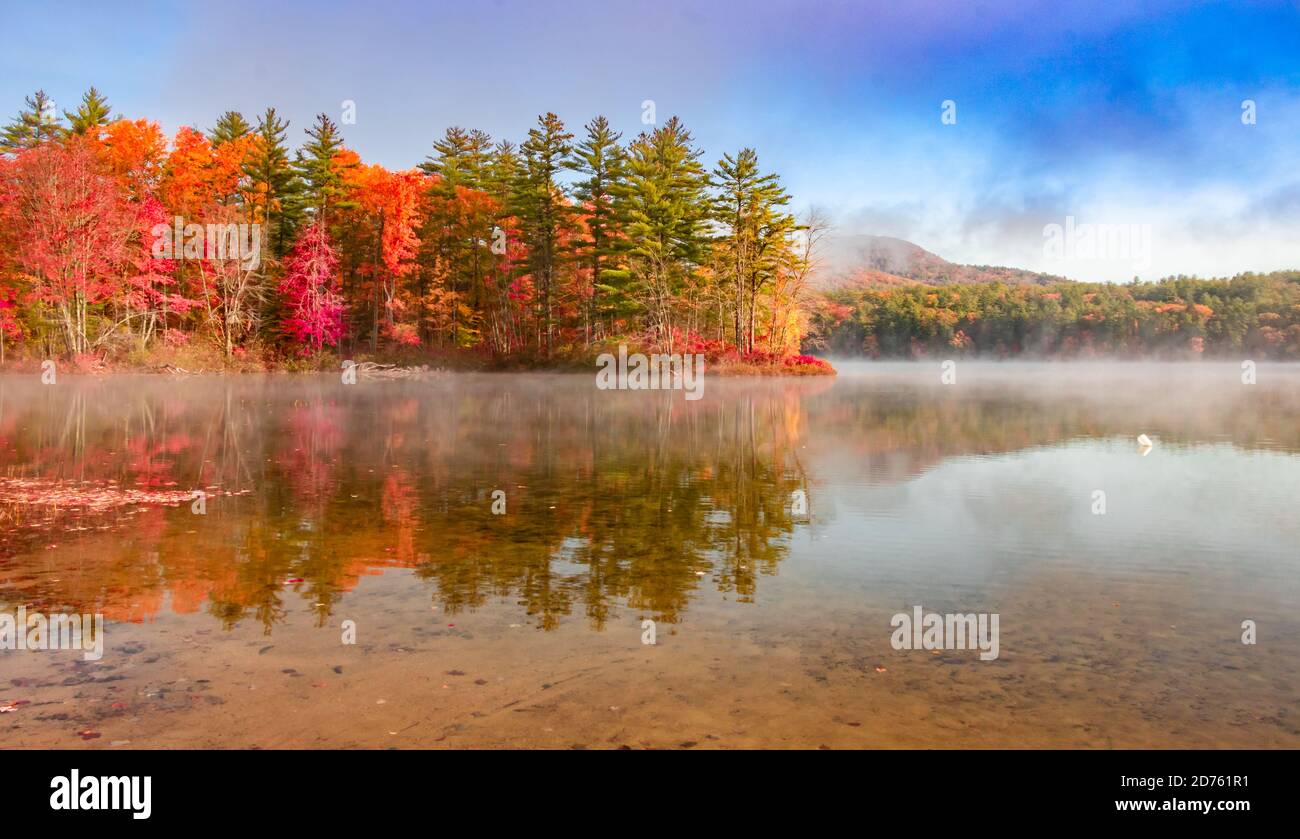 Colorful lake reflection on a misty autumn morning Stock Photo - Alamy