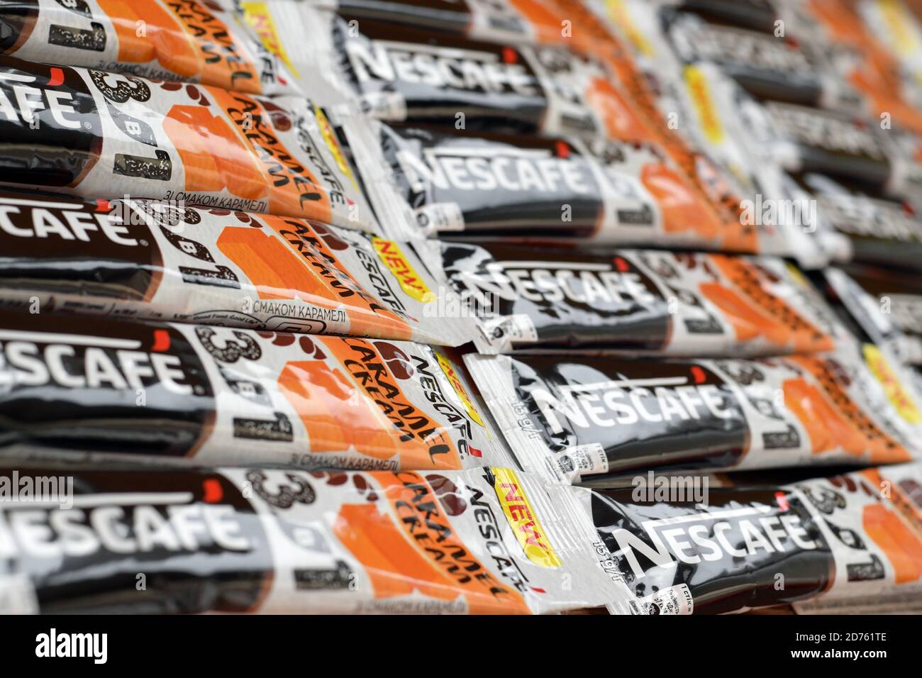 KHARKOV, UKRAINE - MARCH 21, 2020: Many Nescafe caramel cream coffee ...