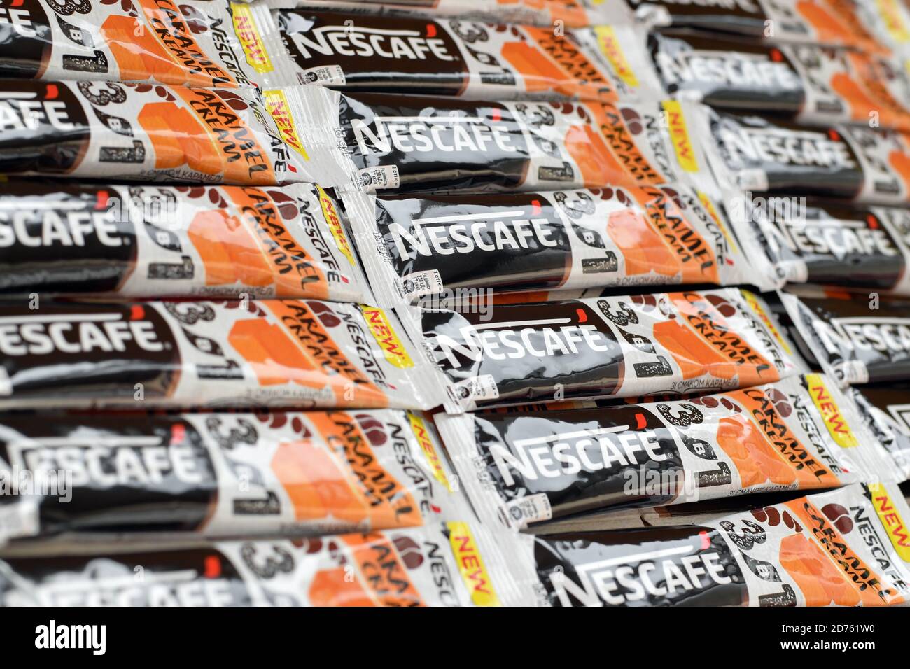 KHARKOV, UKRAINE - MARCH 21, 2020: Many Nescafe caramel cream coffee ...