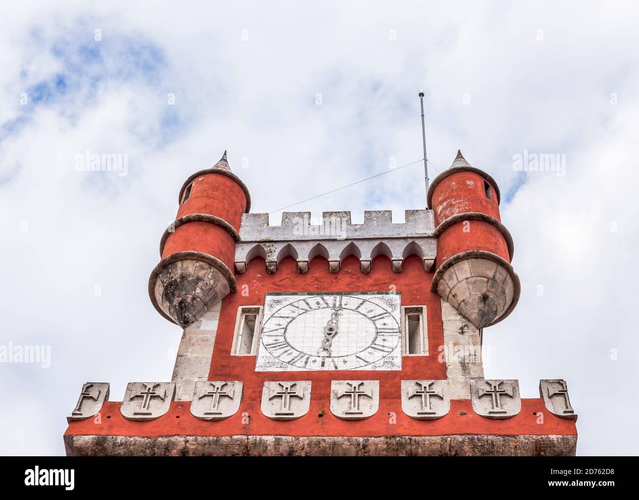 Red clock tower of the Pena National Palace in Sintra town, Portugal ...