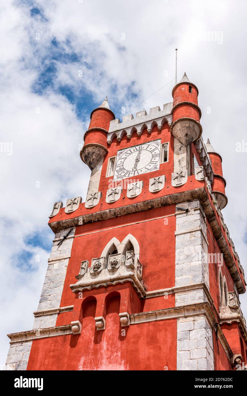 The red clock tower in the Pena National Palace in Sintra town ...