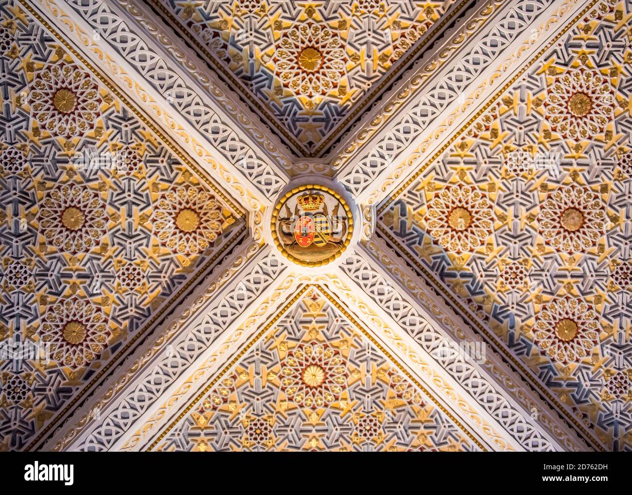 SINTRA, PORTUGAL - JUNE 1, 2018: Royal coat of arms on the ceiling of ...