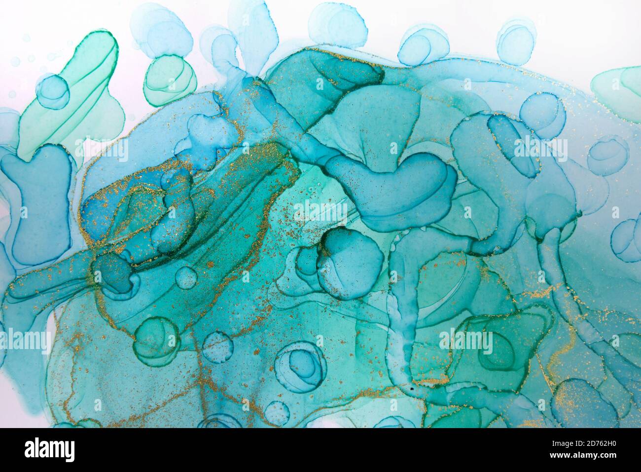 Transparent blue and gold watercolor drops on white background. Bubbles ...
