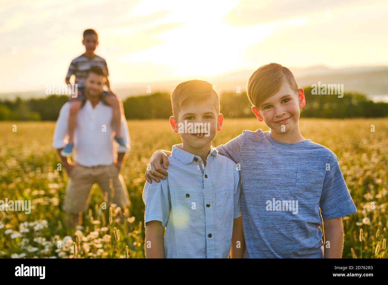 Beautiful brother boy in daisy field on sunset with father on the back ...