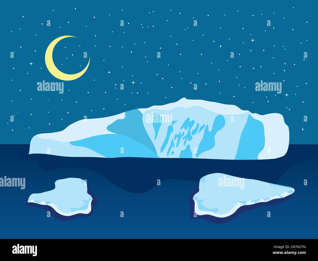vector illustration of Cartoon Arctic night Ice Landscape with Icebergs ...