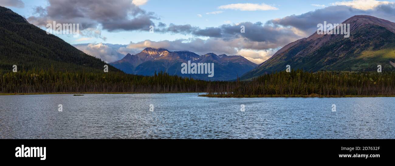 Panoramic View of Scenic Lake surrounded by Mountains and Trees Stock ...
