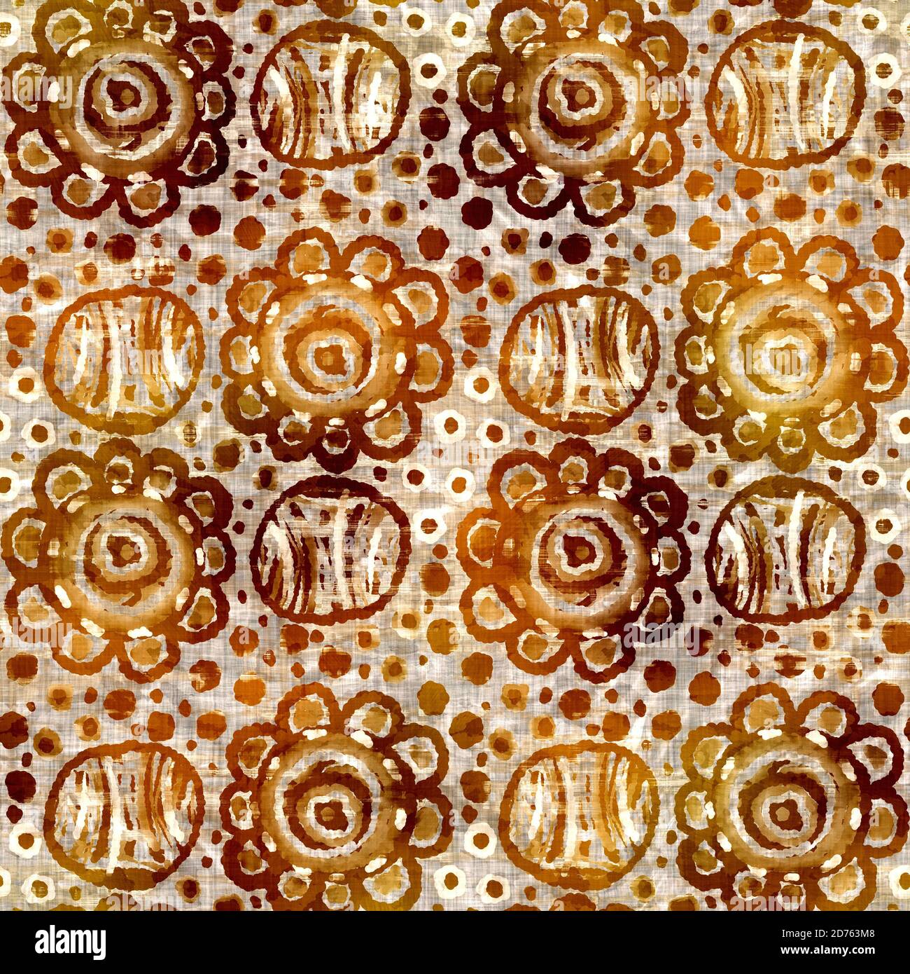 Seamless modern sepia brown flower blockprint print. Grunge watercolor ...