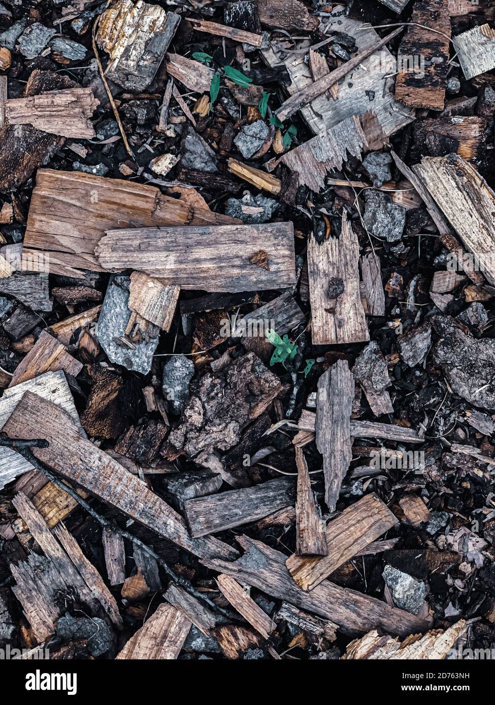 Closeup top view of burnt down rubble and debris Stock Photo - Alamy