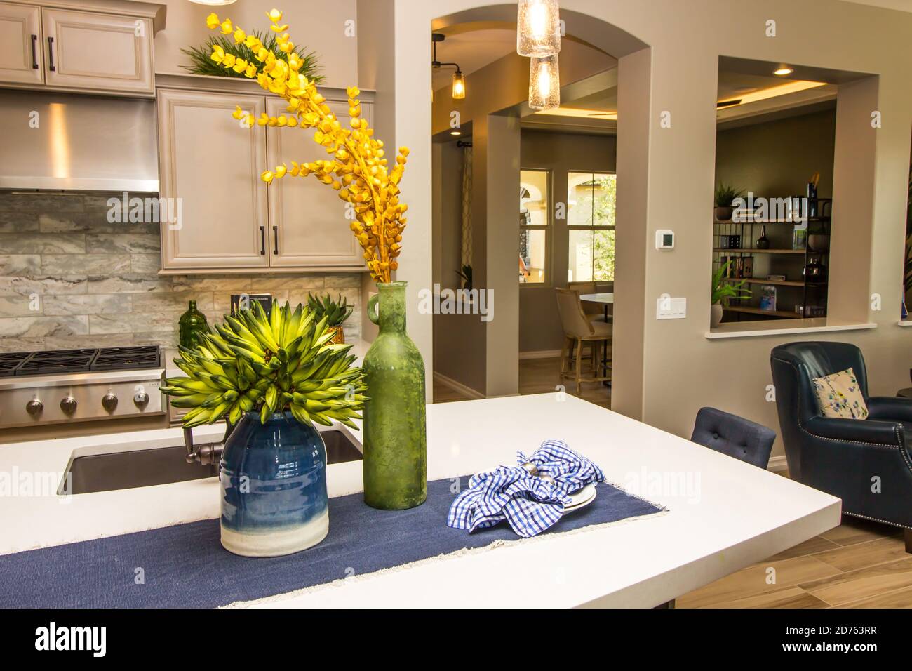 End Of Kitchen Island Counter Top With Decorator Items Stock Photo - Alamy