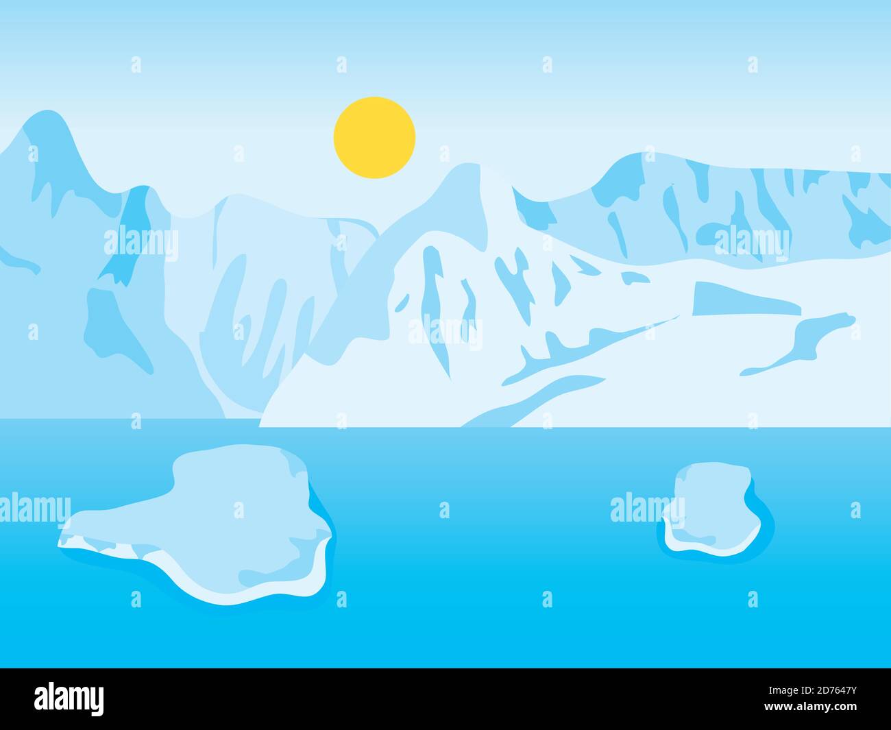 sunny arctic landscape with iceberg mountains and blocks floating on ...