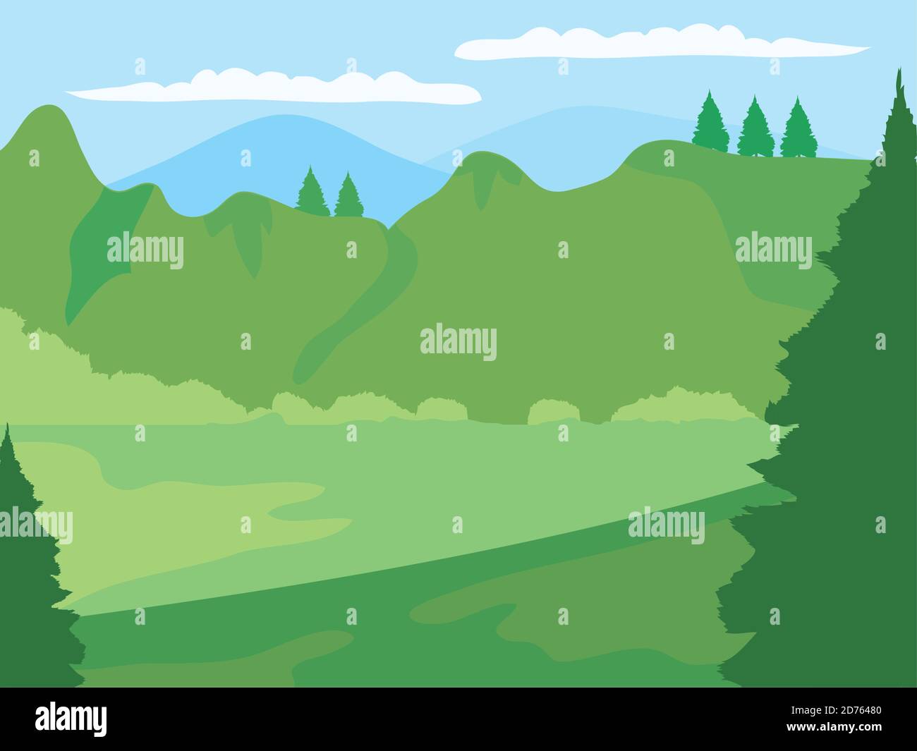 nature landscape with green grass, mountains, pine trees and clouds ...