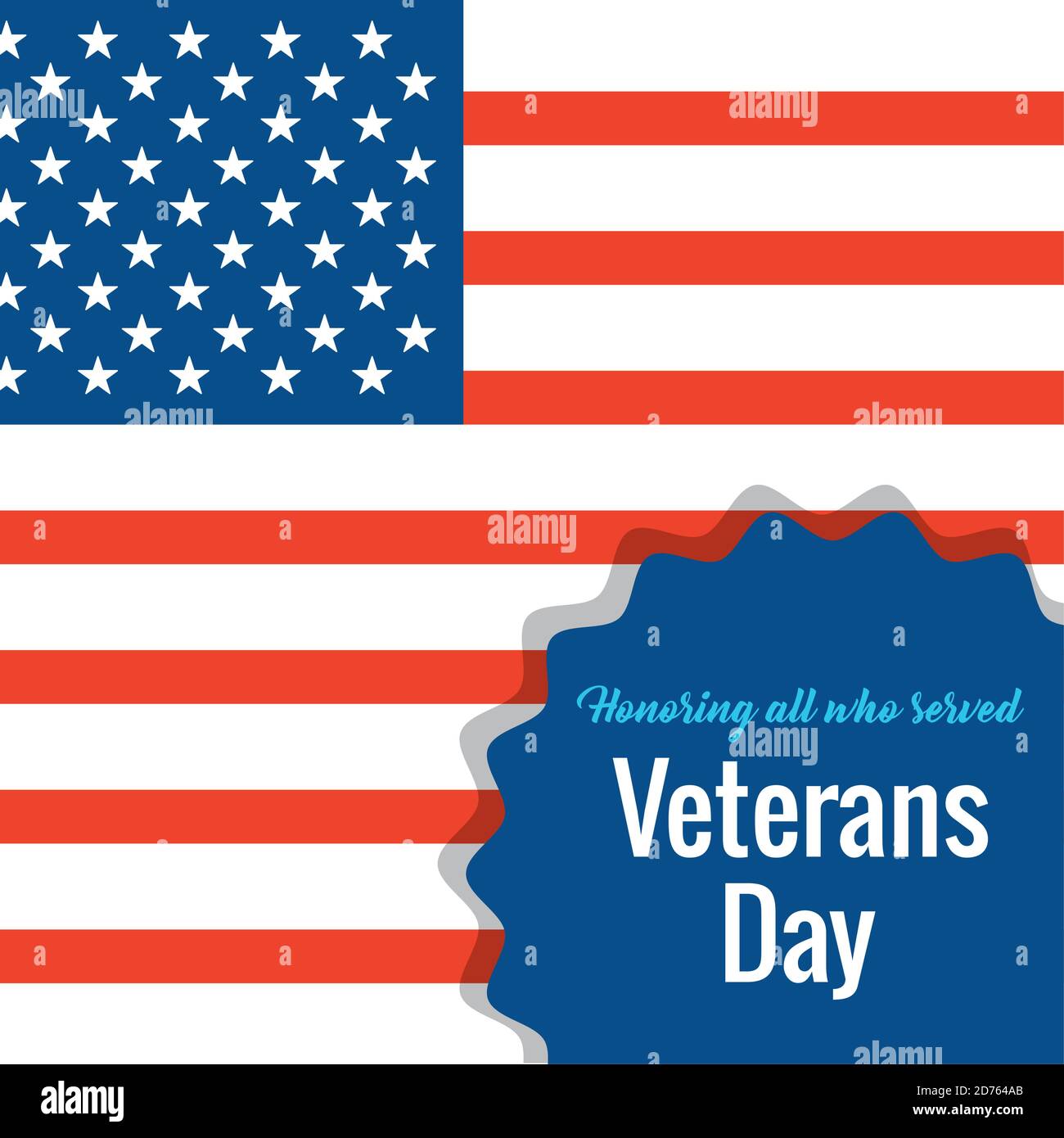 happy veterans day, lettering in badge and american flag vector ...