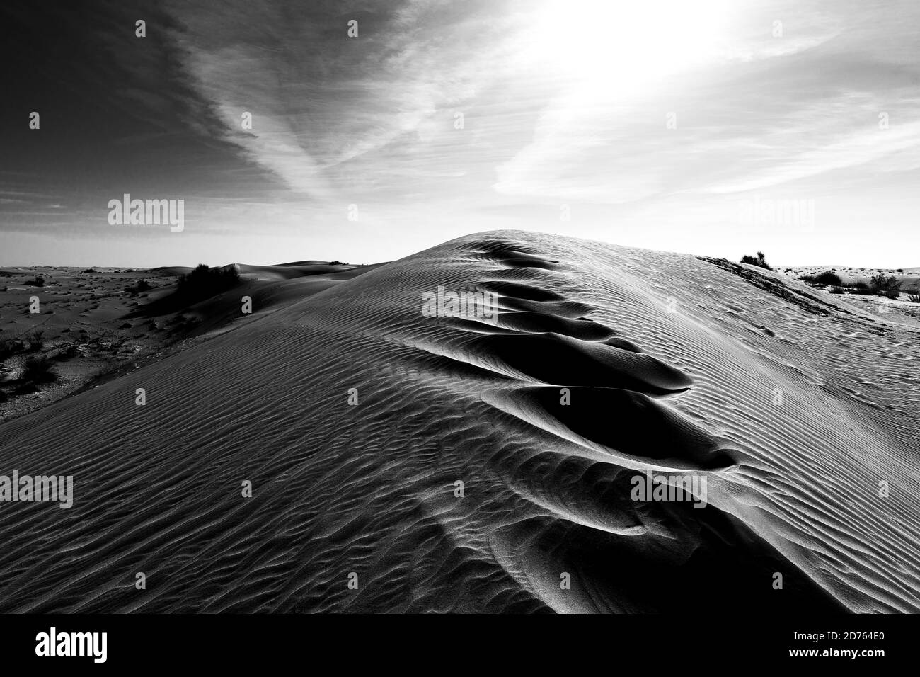 Grayscale shot of beautiful desert with sand dunes in Dubai Stock Photo ...