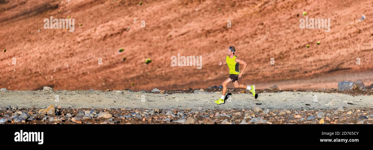 Man trail running in the mountain panoramic banner. Nature landscape ...