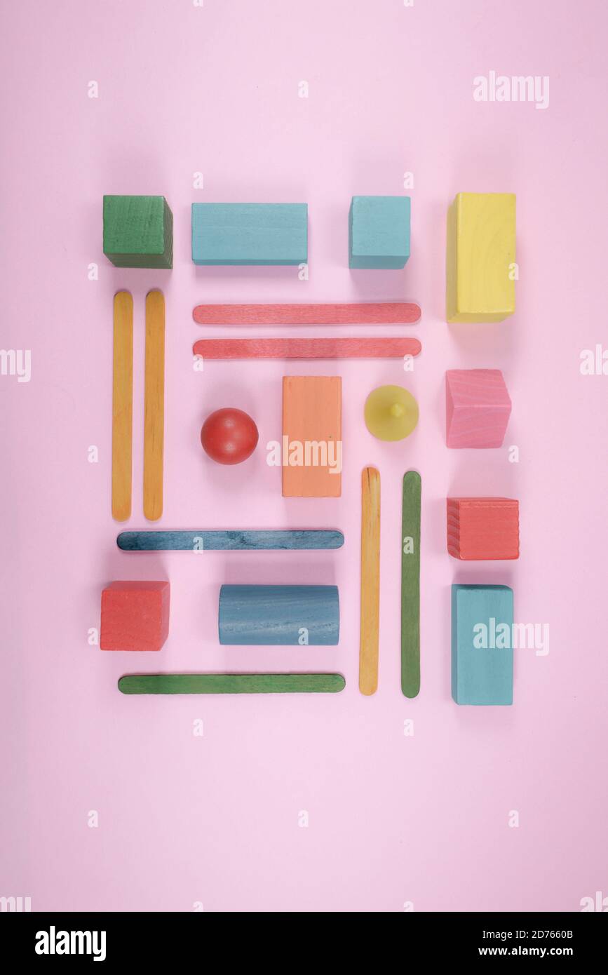 Minimalist composition of geometrical shapes on flat surface. Different ...