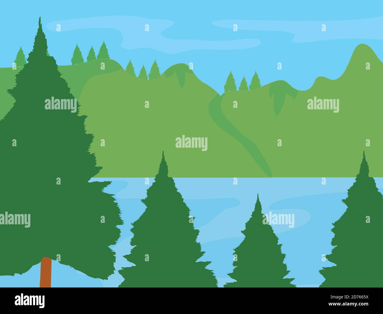lake, mountains and trees landscape, colorful design, vector ...