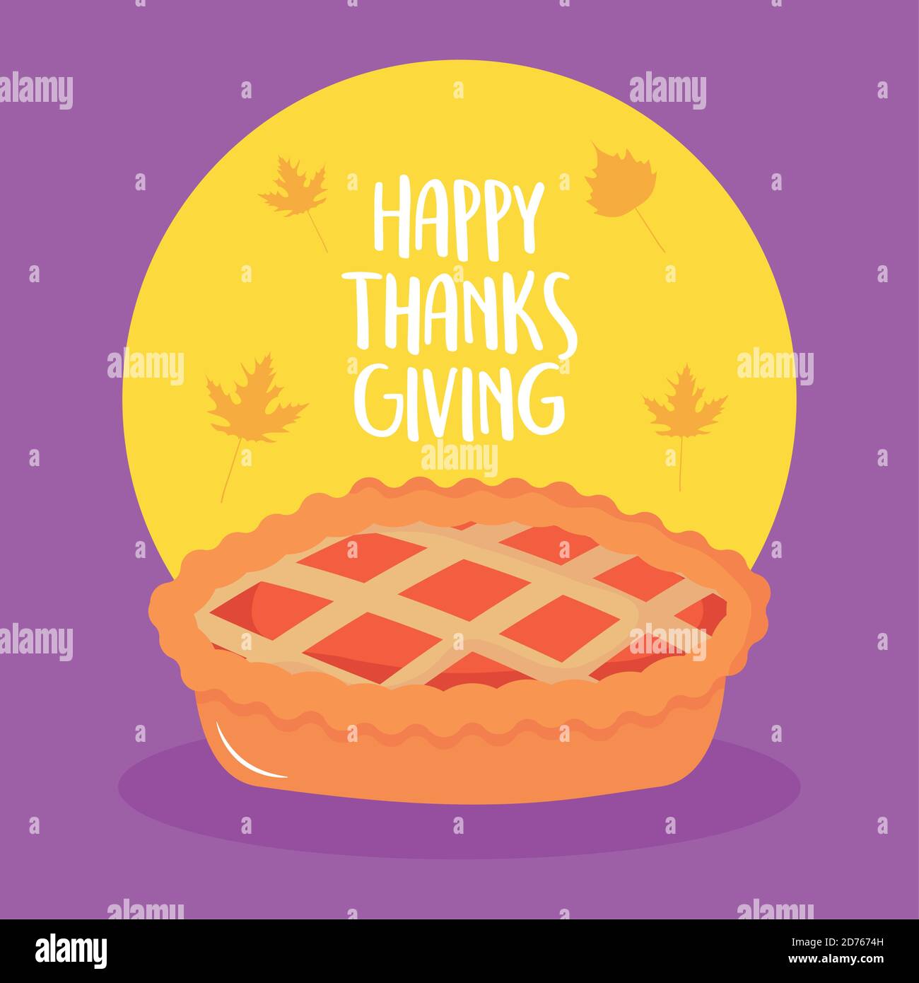 happy thanksgiving colorful design with apple pie and dry leaves around ...
