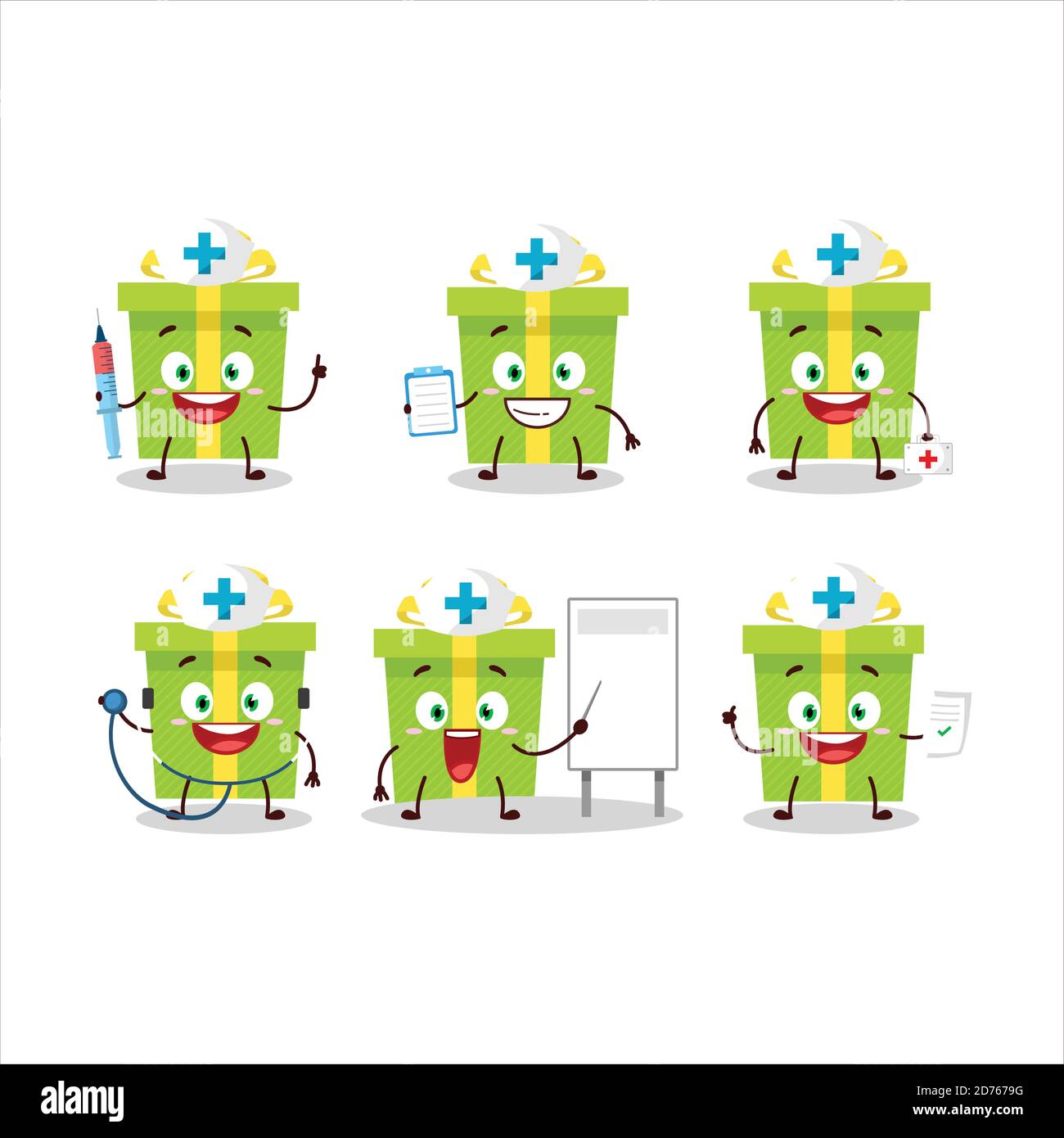 Doctor profession emoticon with green christmas gift cartoon character ...