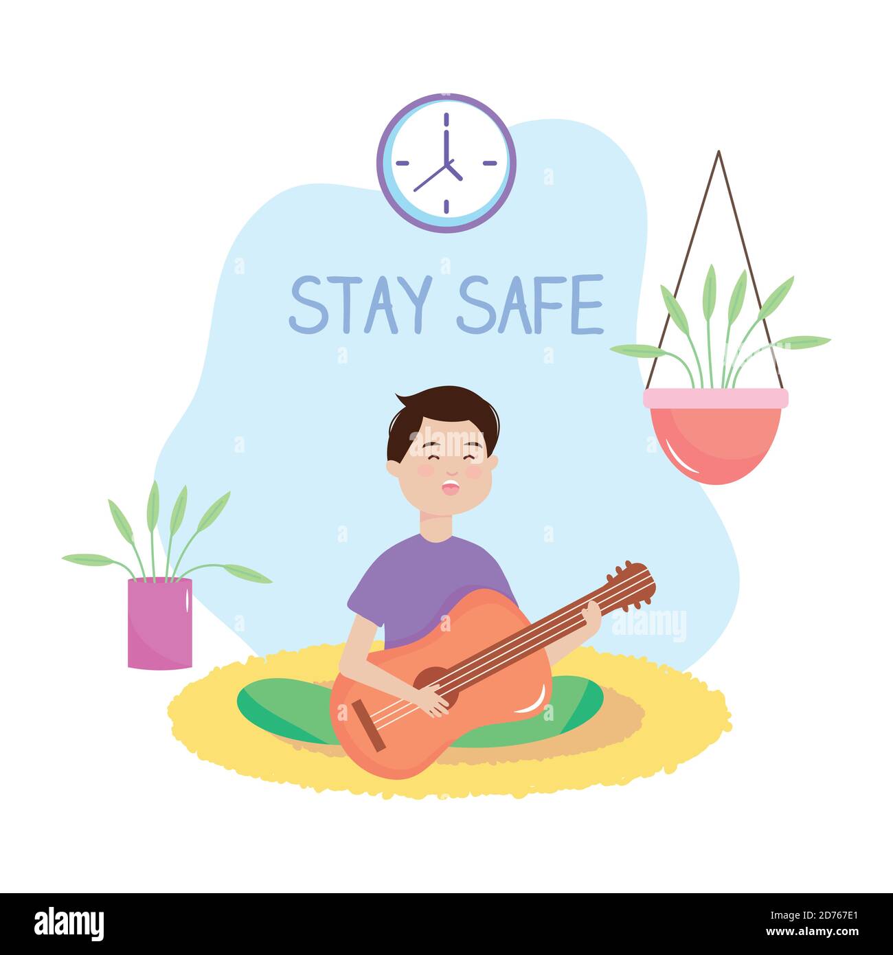 stay safe, man sitting playing guitar on floor, during covid 19 ...