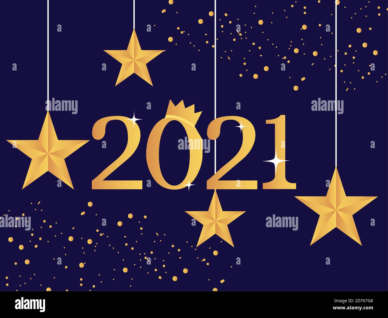 2021 happy new year golden number with crown hanging stars and bright ...
