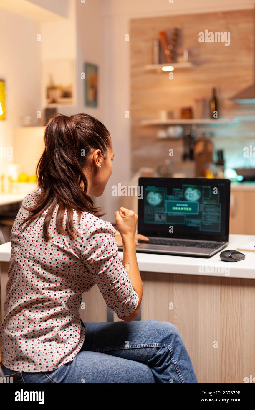 Happy Woman Hacker After Cracking Firewall Of Government And Getting Access Granted Programmer