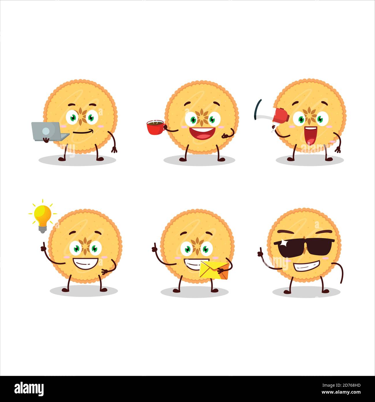 Savory pie cartoon character with various types of business emoticons ...