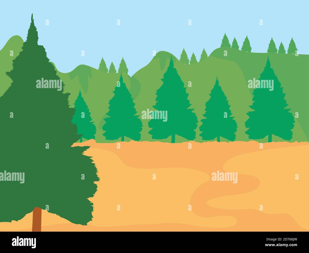 Forest landscape with pine trees, colorful design, vector illustration ...