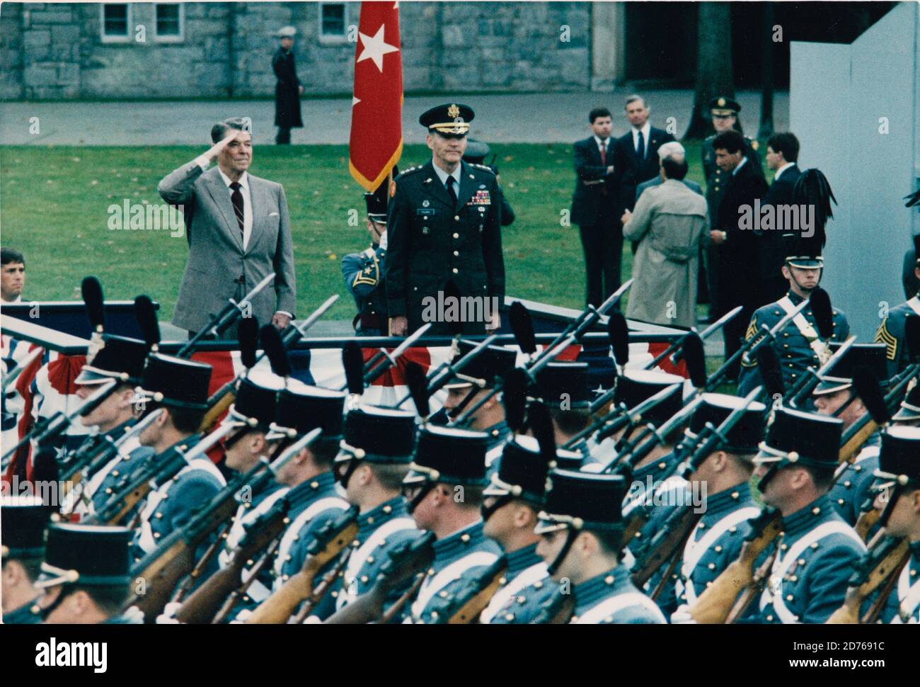 US President Ronald Reagan salutes the cadets at the US Military ...