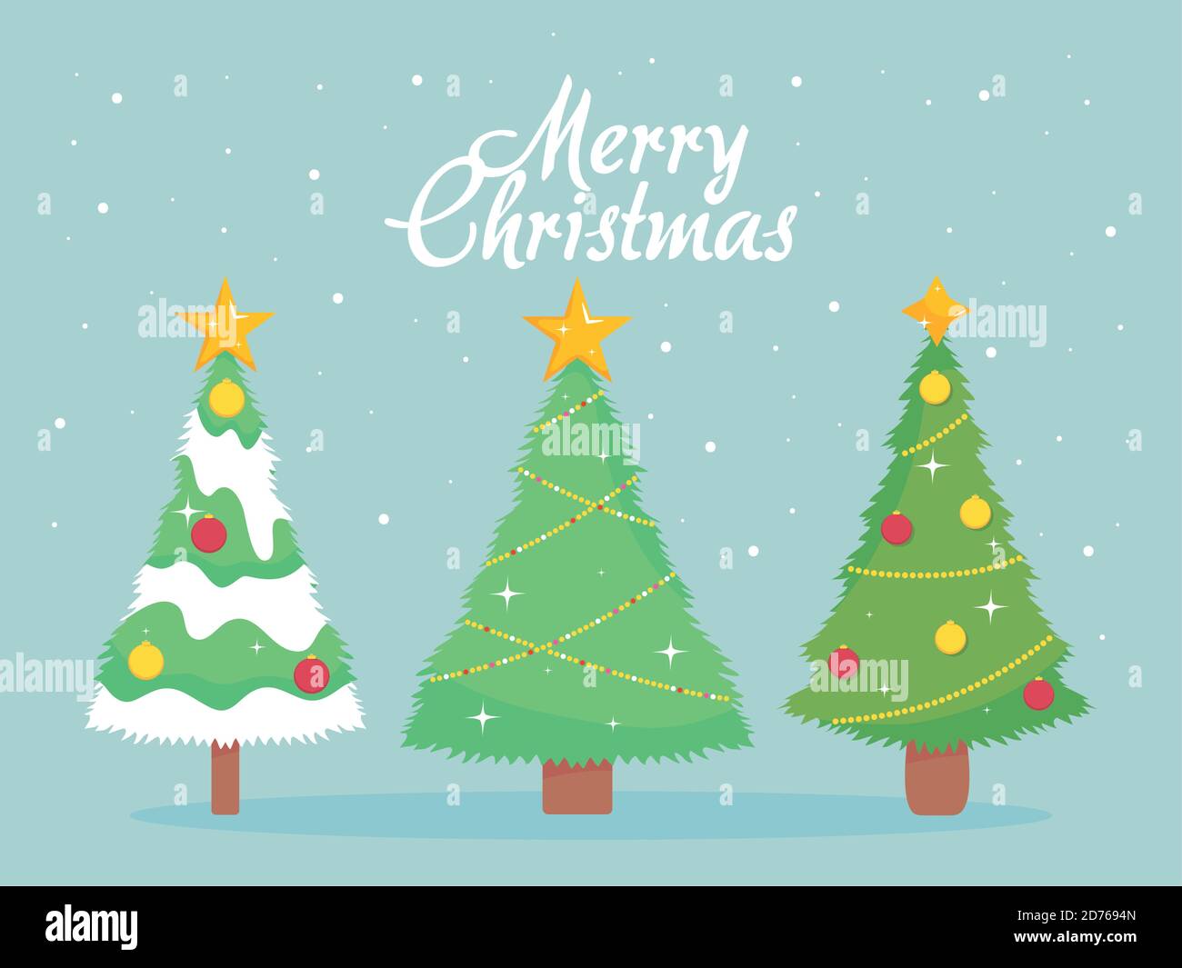 Merry christmas design with three cute christmas trees over blue ...