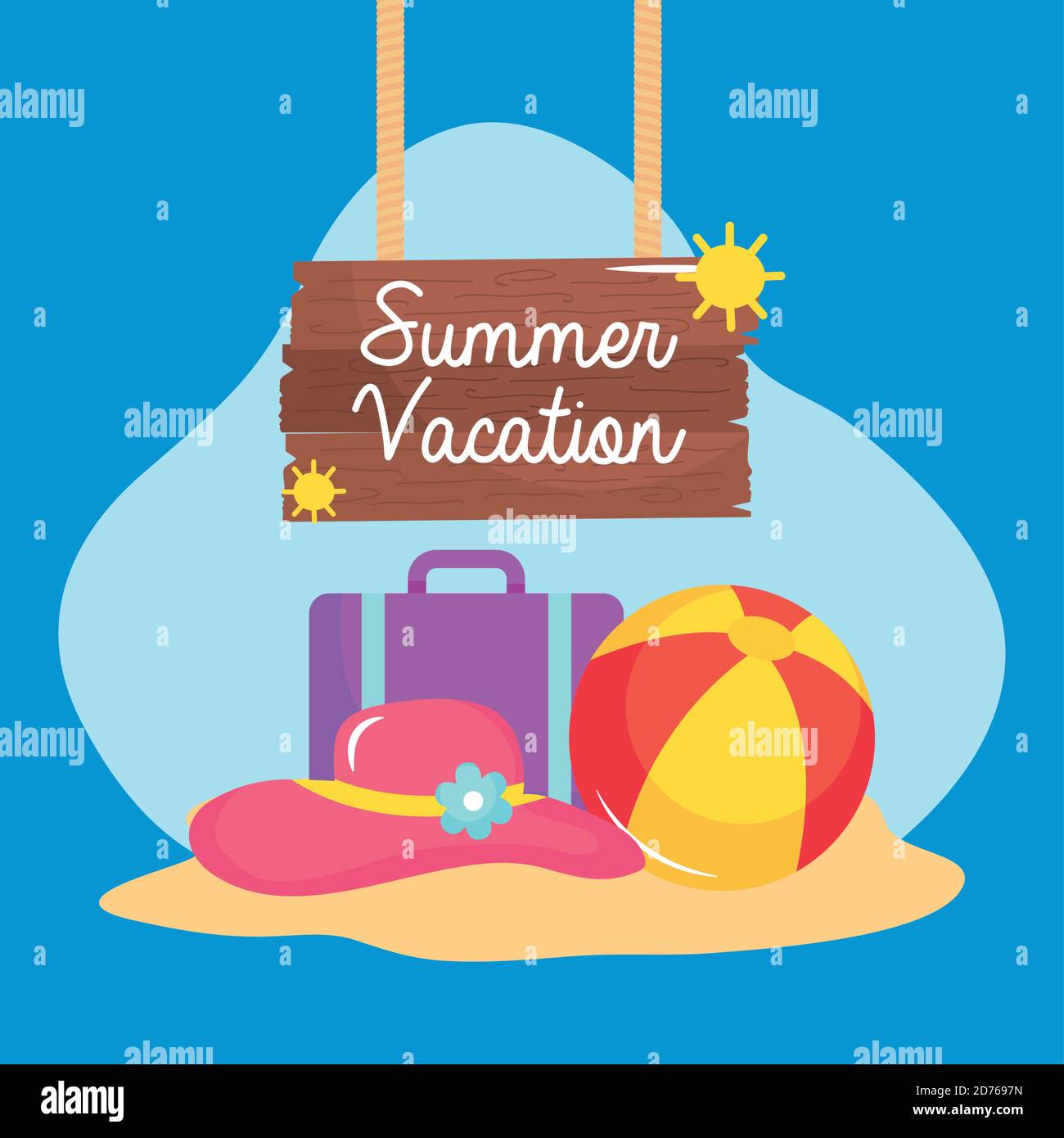 Summer Vacation Travel Wood Lettering Suitcase Ball And Female Hat