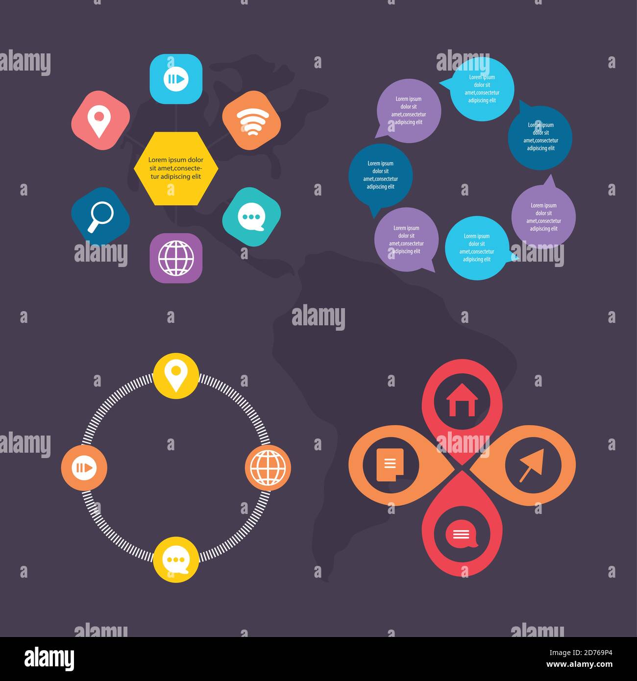 icon set of infographic elements and tools over purple background ...