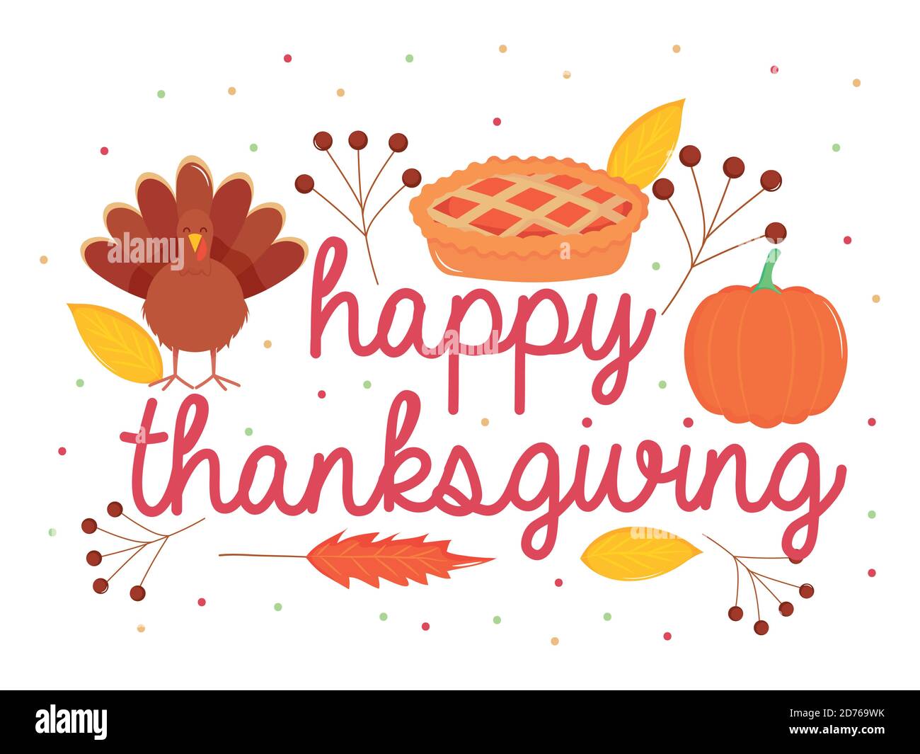 happy thanksgiving design with cartoon turkey, apple pie and pumpkin ...