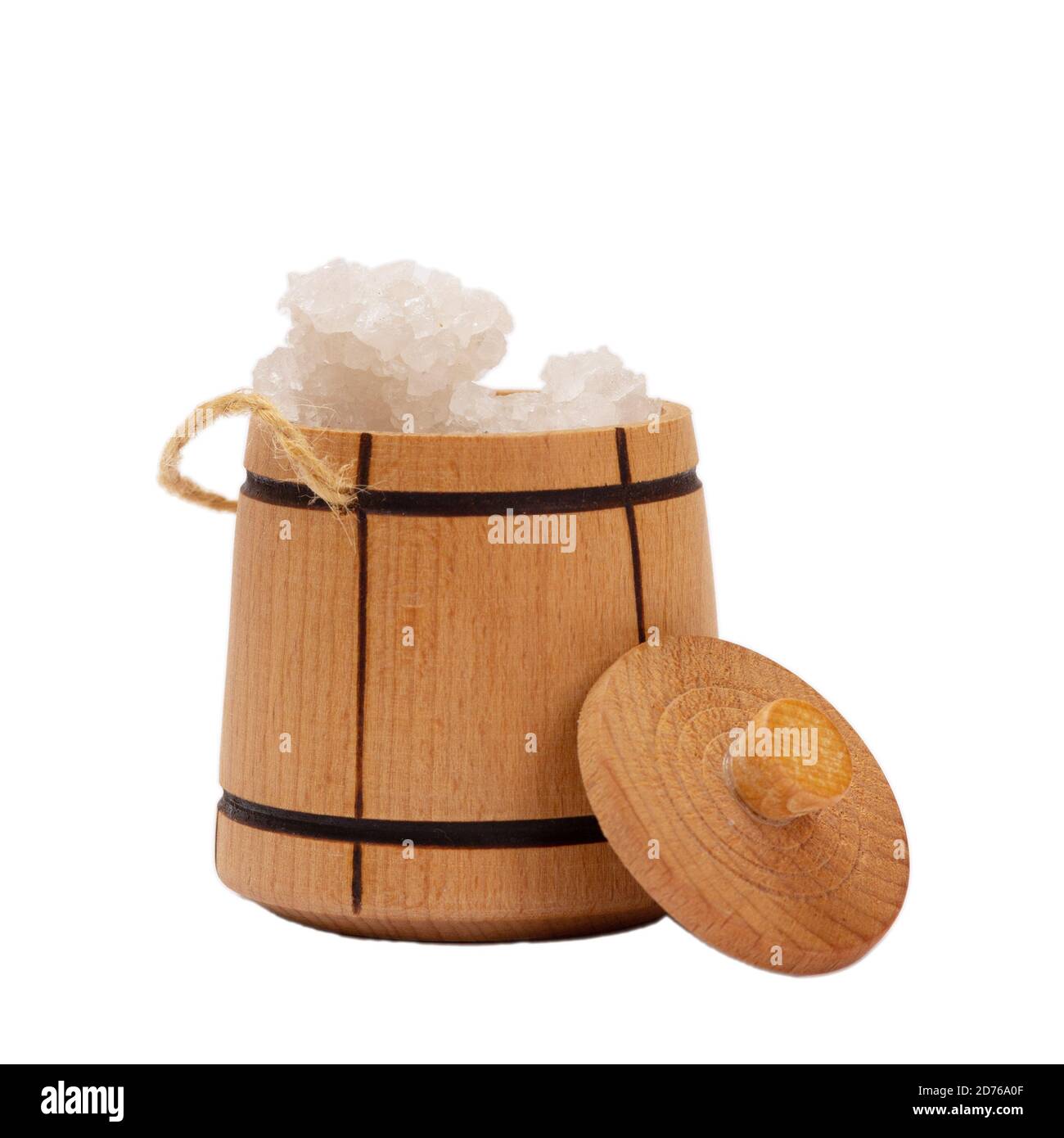 Small wooden barrel for storing salt on the white isolated background ...