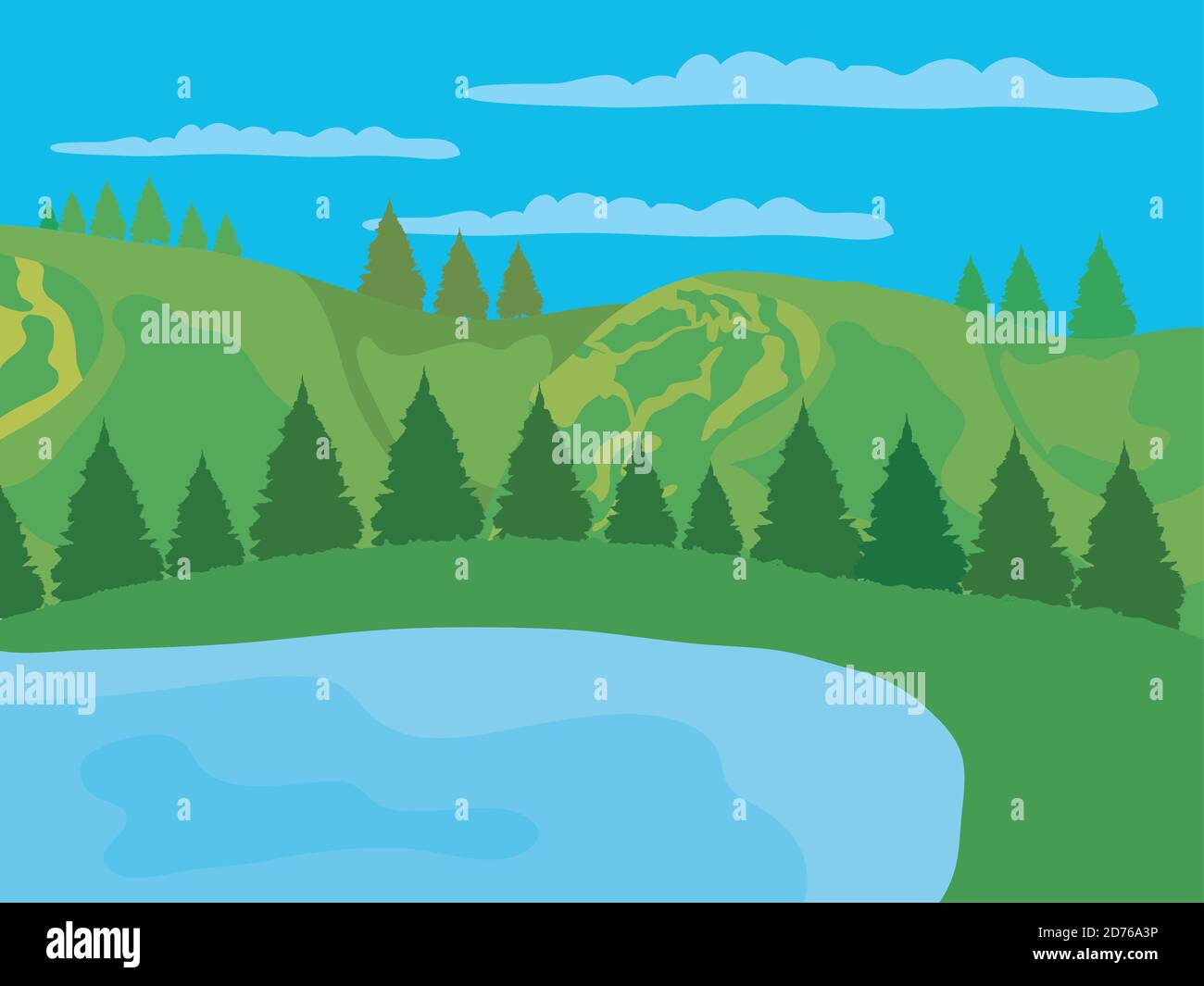 lake and valley mountains pine trees landscape, colorful design, vector ...