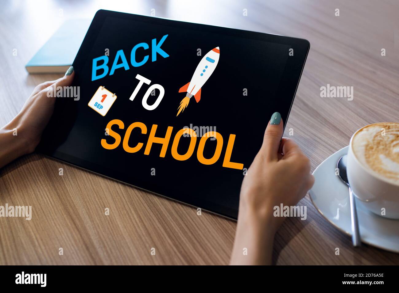 Back to school text on screen. Education and e-learning concept Stock ...