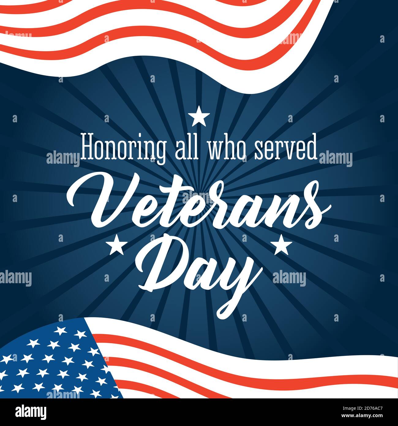 happy veterans day, handwritten font with american flags on blue rays ...
