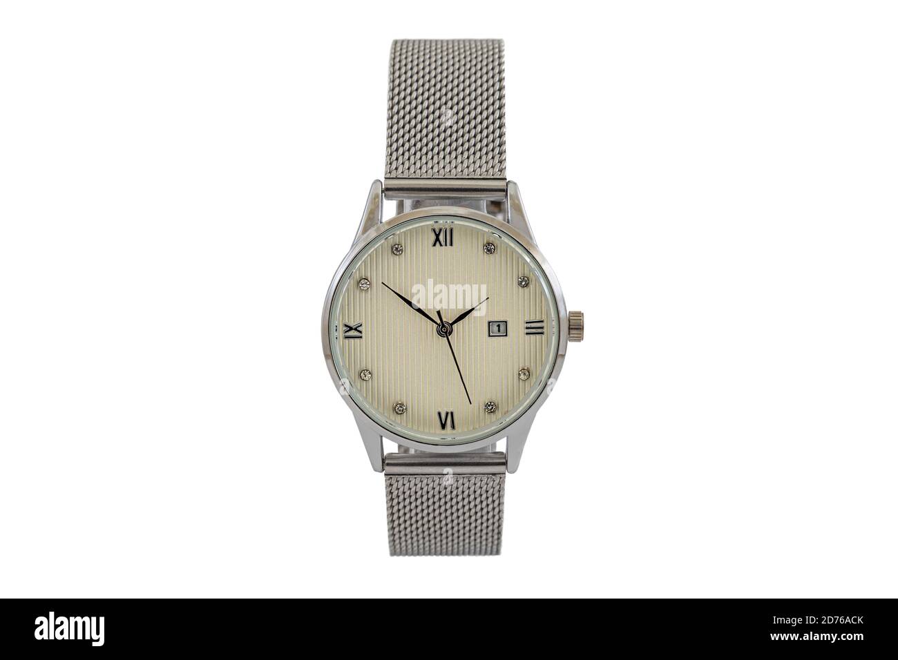 Women's round silver classic watch with metal mesh style strap, white ...