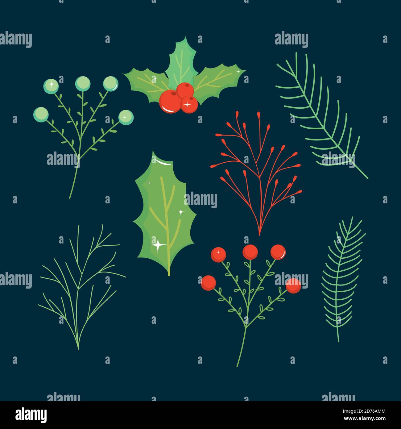 Merry christmas leaves icon set over blue background, vector ...