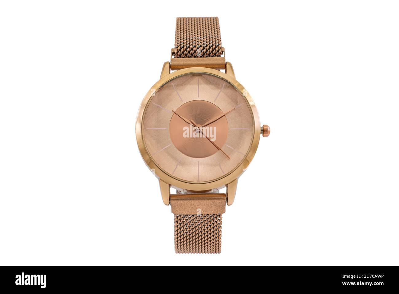 Women's round golden classic watch with metal mesh style strap, orange ...