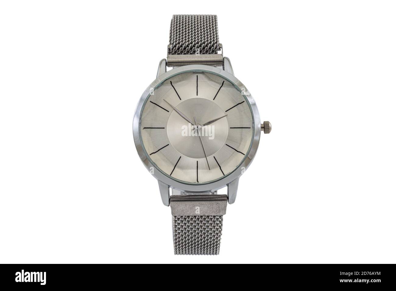 Women's round silver classic watch with metal mesh style strap, white ...